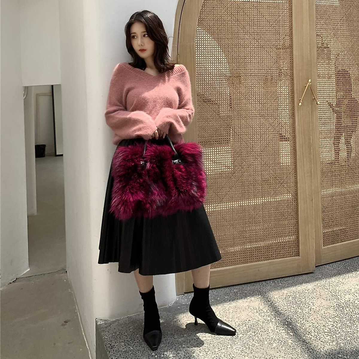 KAISHIN Women Full-pelt Fox Fur Shoulder Bags Ladies Genuine Cowhide Hard Handle Extra Large Handbags Rose