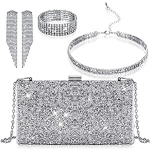 Jadive 4 Pcs Rhinestone Clutch Purses for Women Evening, Prom Purse Sparkly Bag Diamond Purse Handbag Glitter Evening Bag Jewelry Set for Formal Prom Parties Cocktail Banquet Wedding (Silver)