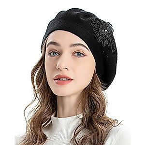 ZLYC Womens French Beret hat, Reversible Solid Color Cashmere Mosaic Warm Beret Cap for Girls (Flower Black)