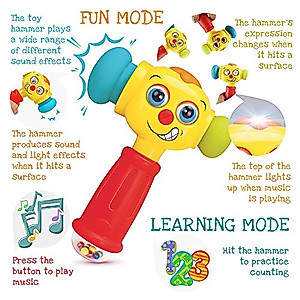 Toy Hammer w/Lights, Learning Mode and Music Mode – Baby Hammer Toy Plays 6 Short Kids' Songs, Counts 1-10 w/Baby, Changes Funny Expressions and Lights Up – for Kids 12 Months and Older
