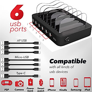 Poweroni USB Charging Dock - 6-Port - Fast Charging Station for Multiple Devices Apple - Multi Device Charger Station - Compatible with Apple iPad iPhone and Android Cell Phone and Tablet