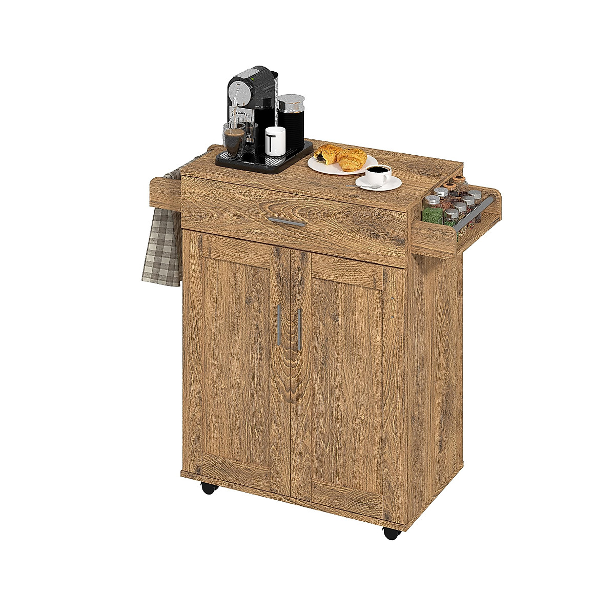 Panana Rolling Kitchen Island, Kitchen Trolley Cart with Spice Rack, Large Drawer, Towel Rack, Storage Pantry Cabinet, Kitchen Cart on Roller Wheels, Dining Room Furniture, Walnut