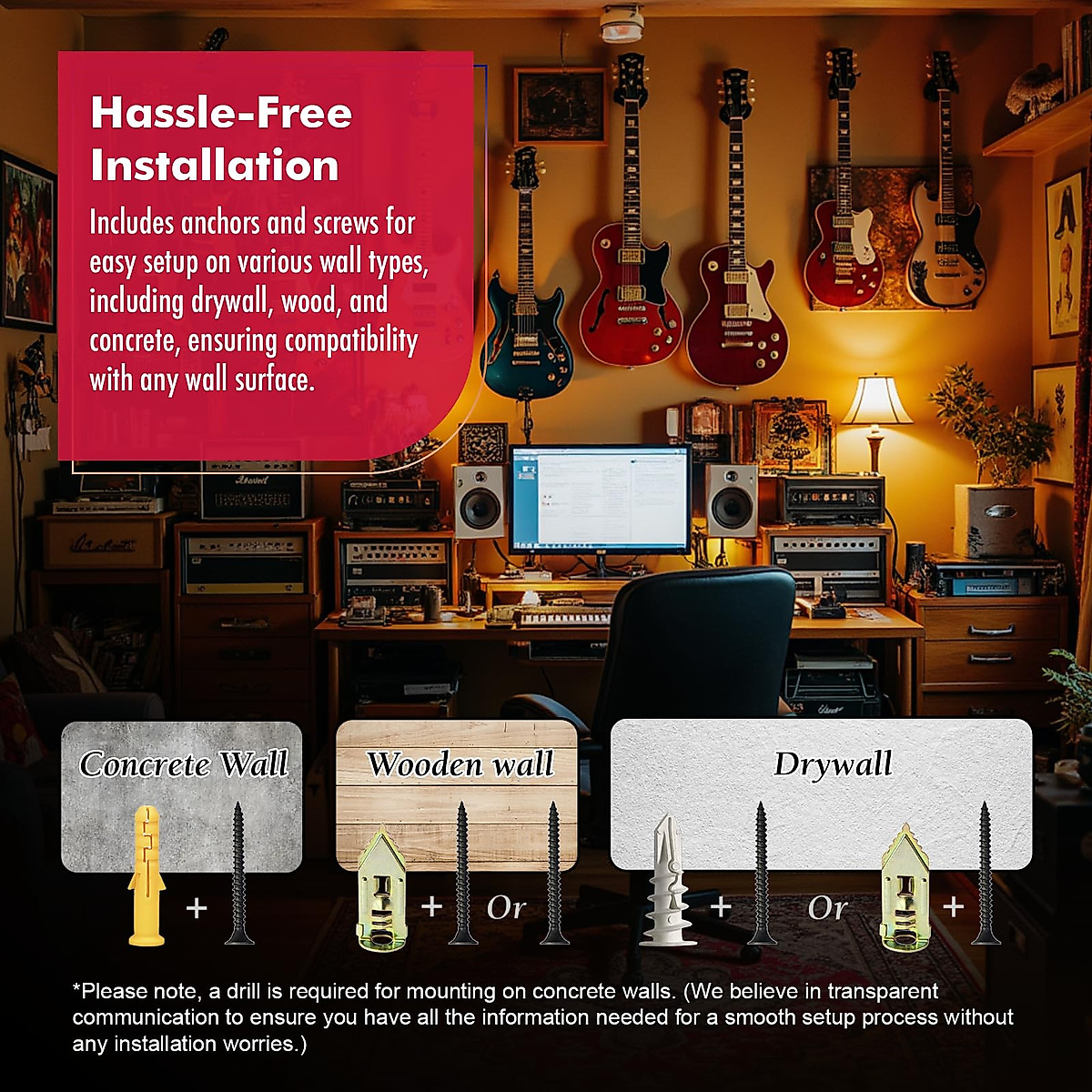 ClefArc Guitar Wall Mount 2 Pack, Black Walnut Guitar Wall Hangers, Guitar Picks, Pick Holder, Guitar Accessories, U-Shape Hardwood Guitar Hanger, Gifts for Guitarists, with 6 Assorted Guitar Picks