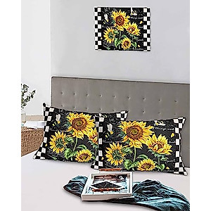 Sunflower Pillow Covers Standard Size Set of 2 20x26 Bed Pillow, Farmhouse Spring Floral Bee Rustic Black White Plaid Plush Soft Comfort for Hair/ Skin Cooling Pillowcases with Envelop Closure