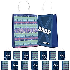 Apinwin 16PCS Vedio Game Military Supply Loot Blue Drop Box Bags With Handles, Battle Gamer Party Favor Gift Goodie Candy Treat Paper Bags for Gaming Birthday Baby Shower Anniversary Party Decorations