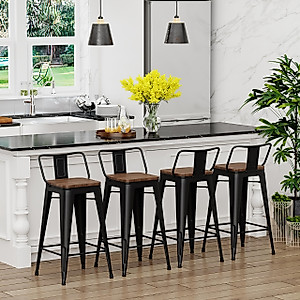 Yongchuang 30 inch Bar Stools Set of 4 Bar Height Metal Barstools with Wood Seat Low Back Kitchen Bar Chairs Matte Black