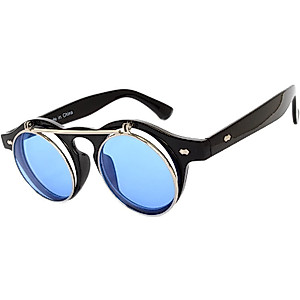 Flip Up Steampunk Vintage Retro Round Circle Gothic Hippie Colored Plastic Frame Blue Lens OWL