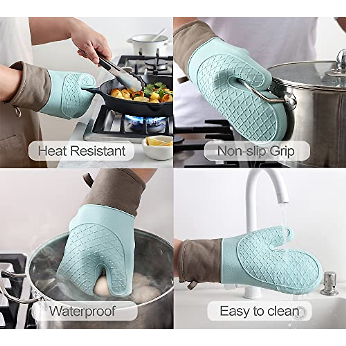 Domonic Home Oven Mitts and Pot Holders Sets, Silicone Oven Mitts Heat Resistant 600F, Oven Mitt Set Soft Lining Good Grip, Oven Gloves and Trivet Mats 4 Piece Set, Aqua Sky