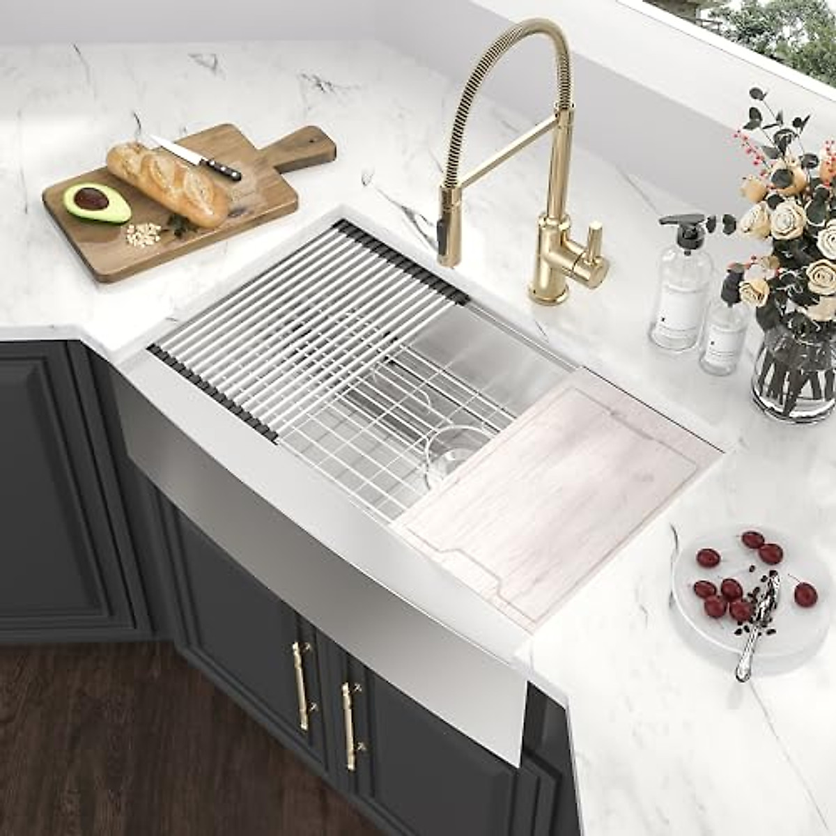Kichae 30 Inch Farmhouse Sink Stainless Steel, Apron Front Farm Sink for Kitchen, Undermount Workstation Sink with Integrated Ledge, 30x22 Deep Single Bowl Kitchen Sink with Accessories