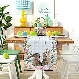 Rabbits Flowers Easter Table Runner,Cotton Linen, Eucalyptus Leaf Spring Summer Holiday Farmhouse Table Decorations for Home,Kitchen,Dining Room,Indoor,Outdoor,13 x 72 Inch, Grey White Buffalo Plaid