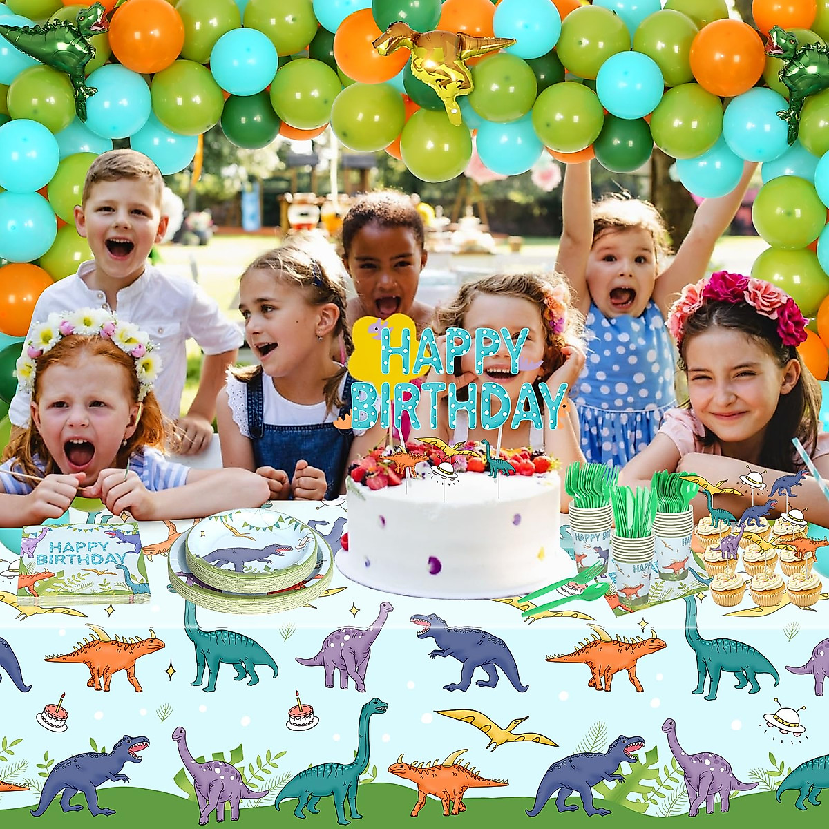 343PCS Dinosaur Party Decorations Set (24 Guest)- Complete Kids Dinosaur Birthday Party Supplies with Dinosaur Backdrop, Tablecloth, Plates, Cups, Cutlery, Balloon Arch, Decorations, and Stickers