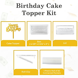 The Money Cake - Money Cake Pull Out Kit Includes 1 Money Box 1 Plastic Roll 50 Transparent Bag Connected Pocket, and Happy Birthday Cake Topper for Birthday Parties