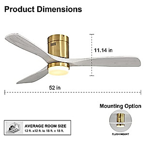 Sofucor 52 Inch Low Profile Ceiling Fan With Light 3 Carved Wood Fan Blade Indoor Outdoor Modern Flush Mount Ceiling Fan Noiseless Reversible DC Motor Remote Control for Kitchen Bedroom Farmhouse