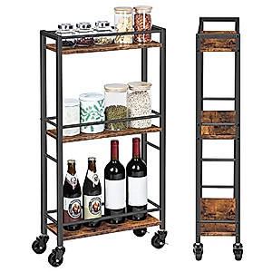 MAHANCRIS 3-Tier Slim Rolling Cart, Narrow Kitchen Cart on Wheels, Practical Storage Rolling Cart, Wooden Kitchen Storage Rack, for Tight Spaces in Dining Room, Bathroom, Rustic Brown RCHR1501Z