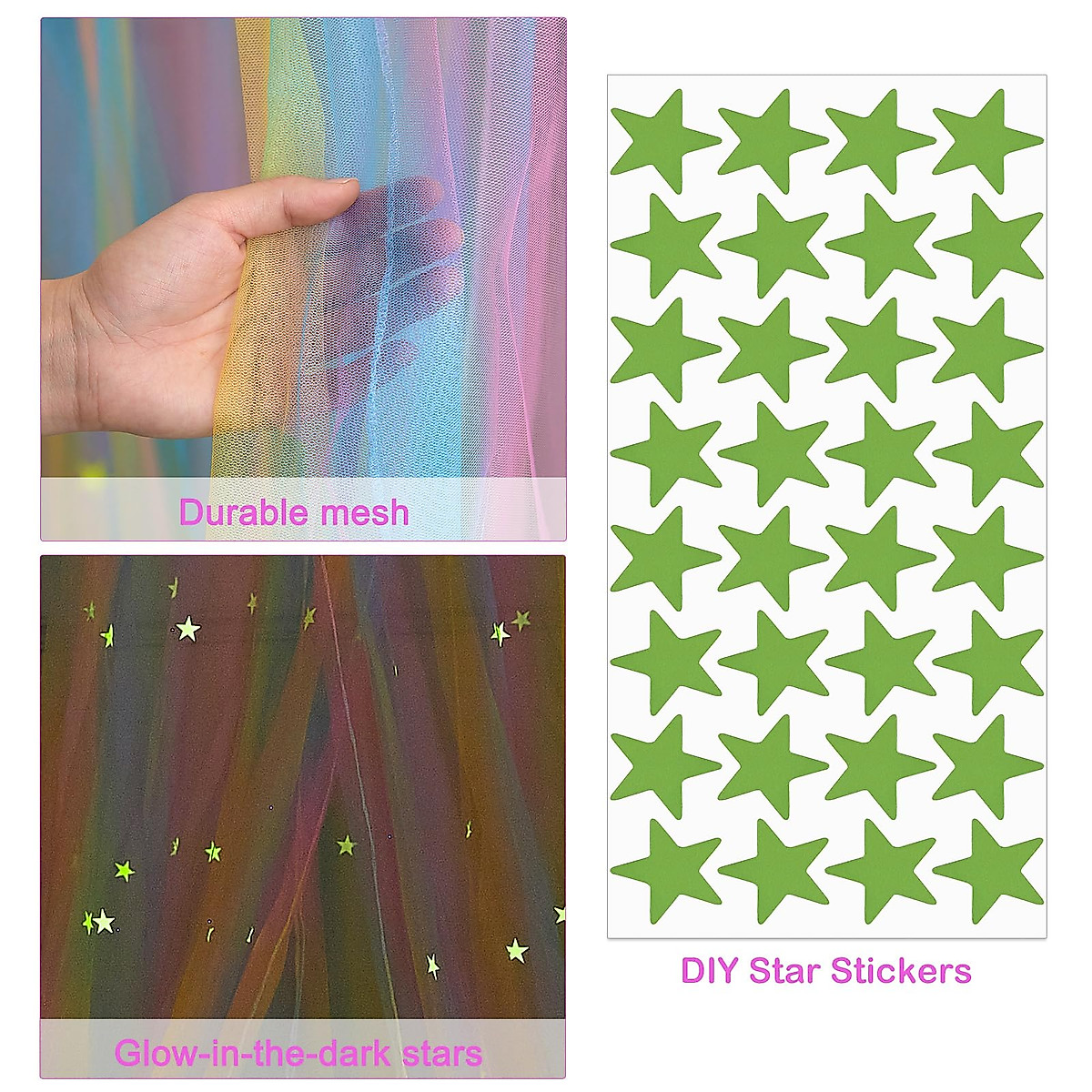 FIOBEE Bed Canopy Bed Curtains Mosquito Net Room Décor with Stars for Bedroom, Rainbow