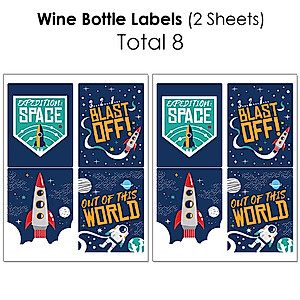 Big Dot of Happiness Blast Off to Outer Space - Mini Wine Bottle Labels, Wine Bottle Labels and Water Bottle Labels - Rocket Ship Baby Shower or Birthday Party Decor - Beverage Bar Kit - 34 Pieces