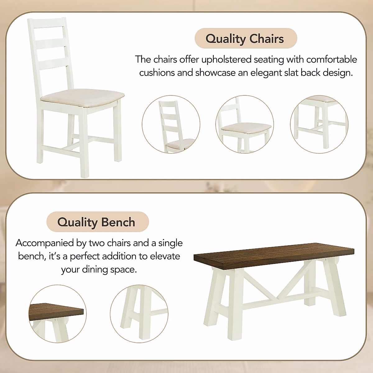 Bellemave Farmhouse 4-Piece Dining Table Set, Solid Wood Kitchen Table Set with 2 Cushions Chairs and Bench, Dining Table Set for Home Kitchen Dining Room Furniture（Acasia Brown+Butter Milk）