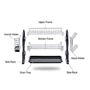 TOOLF 2-Tier Dish Rack,Easy Assemble Large Capacity Dish Drying Rack with Side Mounted Utensil Holder and Cup Holder, Organizing Dishes Kitchen Counter Top or Sink Side