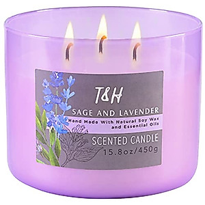 Sage Lavender Scented Candle 3 Wick | Aromatherapy Relaxing & Energy Cleansing Candle with Cedarwood, Clove & Eucalyptus 15.8 oz | Sage Candles for Cleansing House | Large Natural Soy Candles for Home