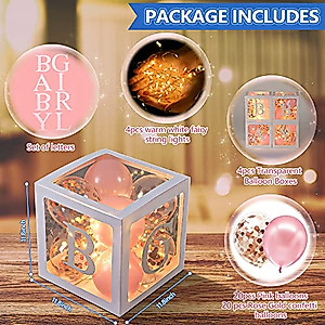 Baby Shower Balloon Box Decorations, 4 Pcs Baby Blocks Transparent Balloon Boxes with Baby Letters, 4 Pack Led Fairy String Lights and 40 Pcs Latex Balloons for Decor (Pink)