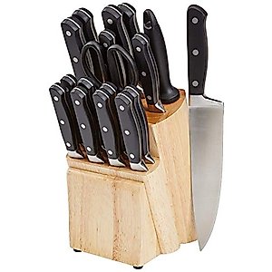 Amazon Basics 18-Piece Premium Kitchen Knife Block Set, High-Carbon Stainless Steel Blades with Pine Wood Knife Block