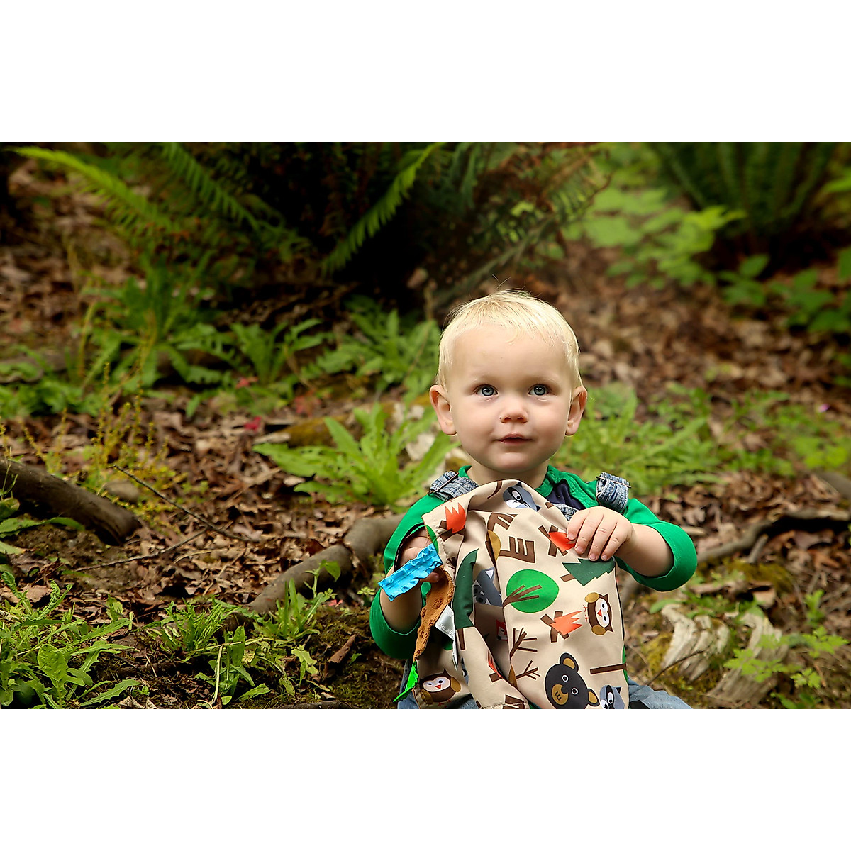 Baby Sensory, Security & Teething Closed Ribbon Tag Lovey Blanket with Minky Dot Fabric: 14”X18” (Forest)