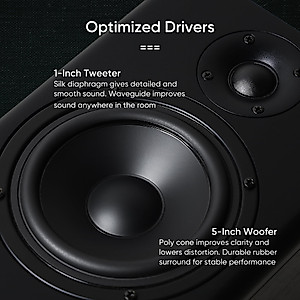 NEUMI BS5P-ARC 75-Watt Powered Bookshelf Speakers, Bluetooth, HDMI, USB, Optical, Coaxial, Remote Control, 5-Inch Woofer, 1-Inch Tweeter, Dark Wood, 1 Pair