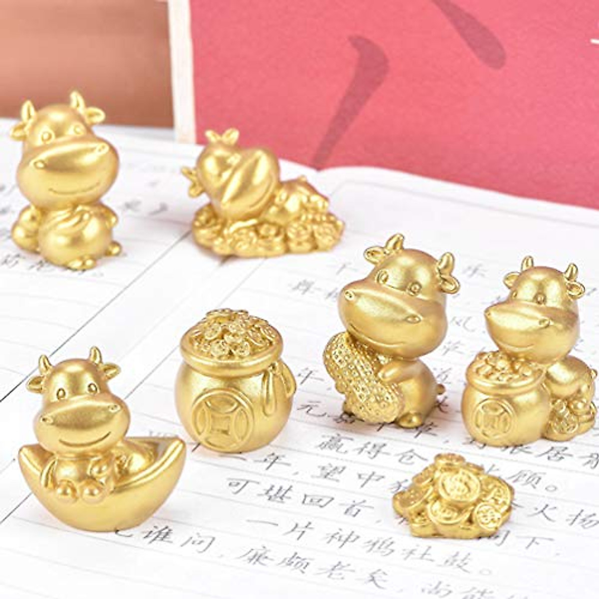 Cabilock 10pcs Resin Animals Figurines 2021 Chinese Zodiac Ox Year Toys Golden Ox Statue Cow Cake Toppers Mini Dollhouse Figurines Fairy Garden Bonsai Micro Landscape Table Decorations