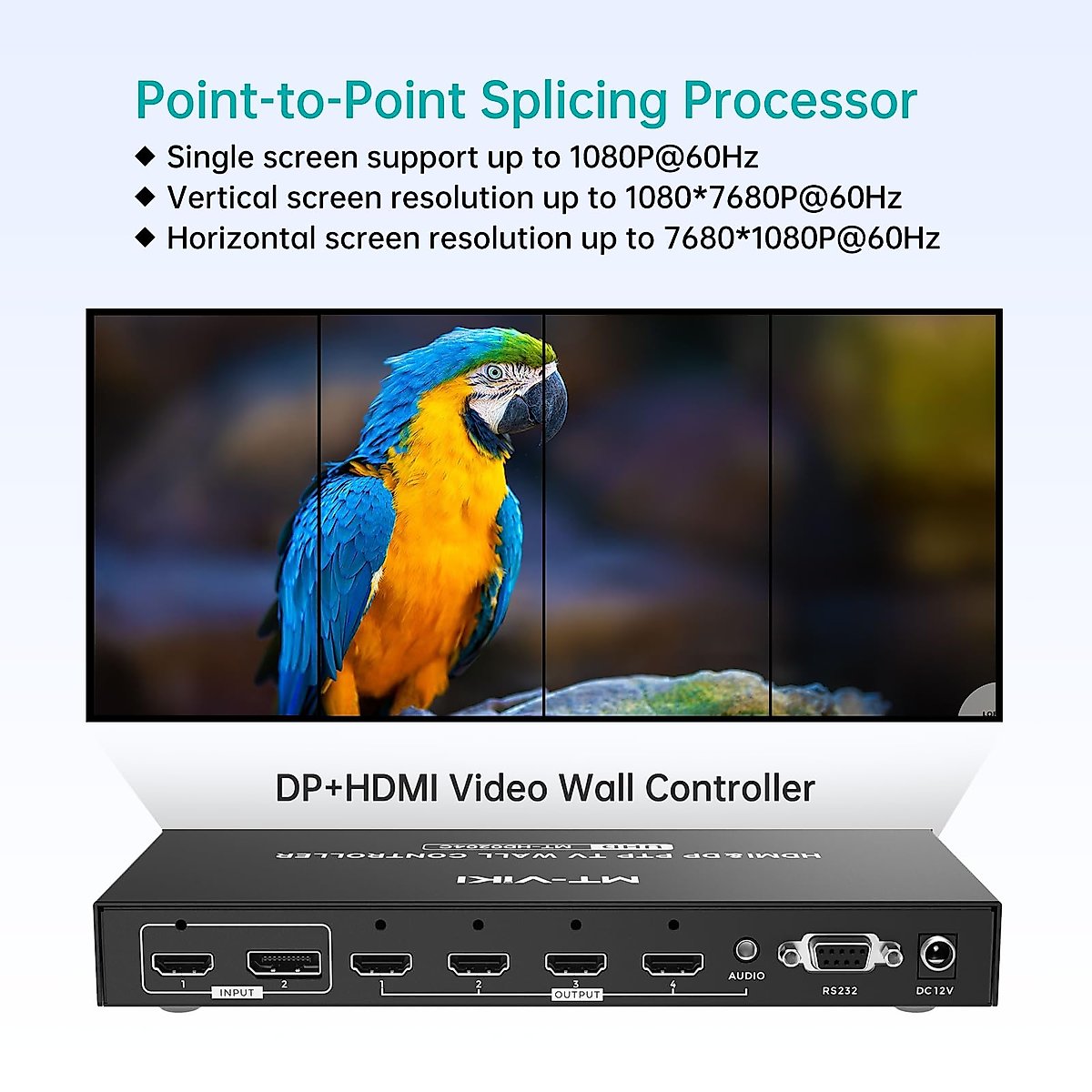 MT-VIKI 4K@60Hz HDMI+DP Video Wall Controller 2X2, Support 90°/ 180° /270° Rotate, Support Resolution UP to 4K@60Hz for 2X2 Mode, 8K@60Hz for 1X4 Mode (2 Input 4 Output)