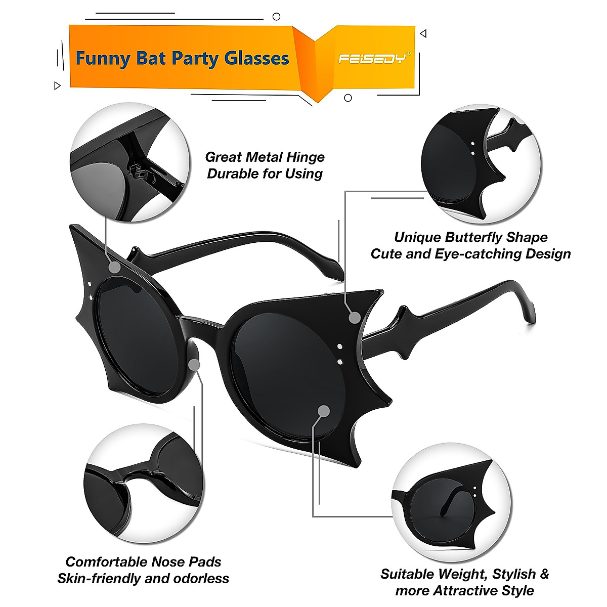FEISEDY Women Men Funny Sunglasses, Butterfly Shaped Bat Shades for Halloween and Party B4142