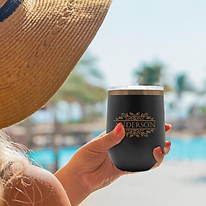 Custom Engraved Insulated Stemless Wine Tumbler Cup - Personalized Bridesmaid Beach Pool Girls Fun - Monogrammed (Black with Gold)