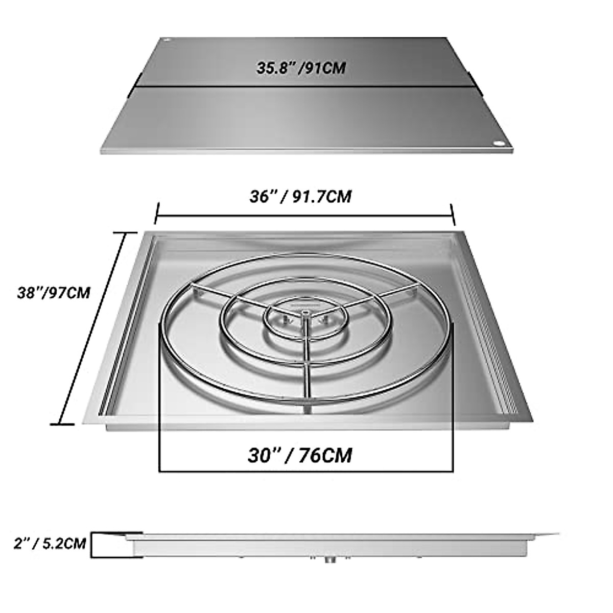 Skyflame 36" x 36" Square Stainless Steel DIY Drop-in Firepit System Assembly Set, Including Fire Pit Burner Pan, Fire Burner Ring and Protective Lid