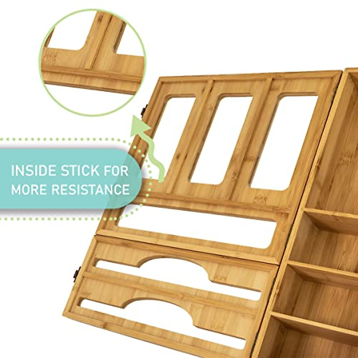 4UKIT Ziplock Bag Storage Organizer Bamboo 6 in 1- Plastic Wrap and Foil (12,4" Roll) Dispenser with Cutter-Suitable for Snack, Gallon, Quart & Sandwich Bag- Kitchen,Pantry,Cabinet,Drawer Organizer