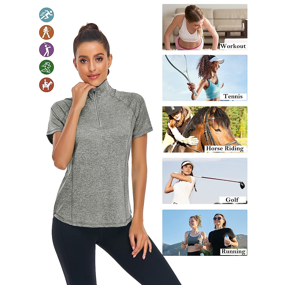 LURANEE Activewear for Women, Ladies Short Sleeve Dry Fit Athletic Tops Relaxed 1/4 Zip Pilates Running Cycling Jogging Pullover Gym Hiking Jacket Stretchy Zipper Polo Shirts for Leggings Grey Large