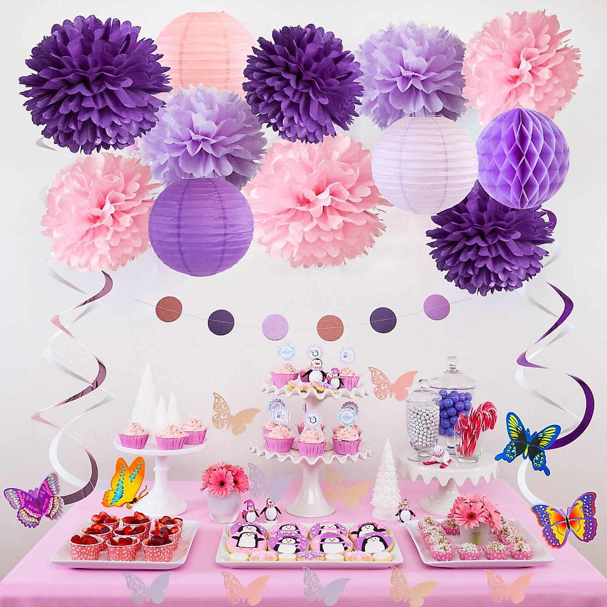 29 PCS Pink and Purple Party Decorations Set, Tissue Paper Pom Poms Paper Lanterns Honeycomb Balls Circle Dots Garland Butterfly Hanging Swirl Butterfly Decorations for Bridal Showers