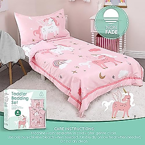 ACRABROS Toddler Bedding Set-4 Pieces Toddler Bedding Sets for Girls Boys Includes Comforter Fitted Sheet Flat Sheet and Reversible Pillowcase,Ultra Soft Toddler Bed Set, Unicorn