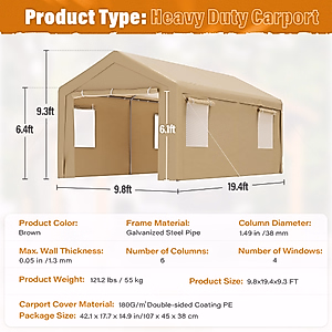 Oakmont Heavy Duty Carport, 10' × 20' Car Tent with All Metal Frame and Removable Sidewalls, Portable Canopy Garage with All-Season UV Resistant Tarp for Car Boat Truck Motorcycle (Brown)