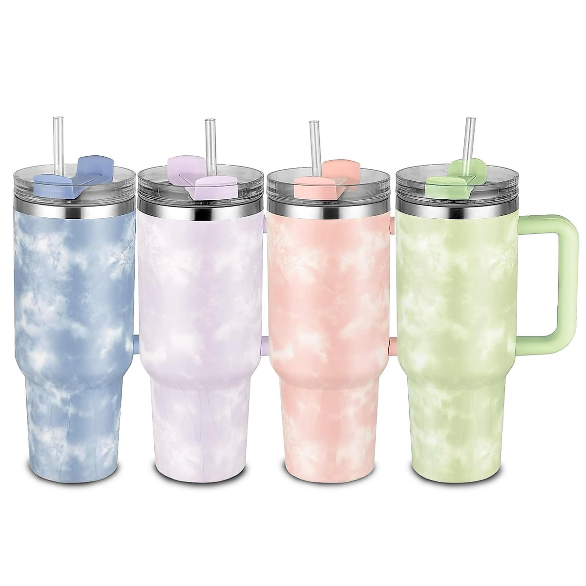 YOUEXPERT 30 oz Tumbler with Handle and Straw, 30oz Travel Cup Stainless Steel Water Bottle Outdoor Sports Tumblers - Green Tie Dye