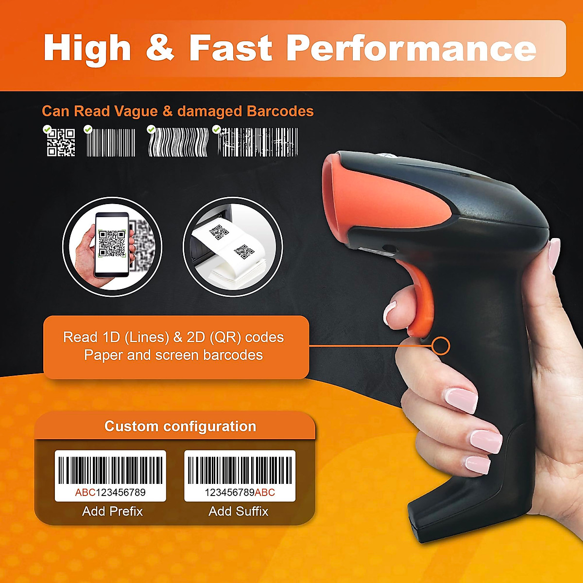 SOLUX 1D 2D Compact Barcode Scanner - Barcode Scanner Wireless & Wired QR Code Scanner - Bluetooth Scanner with USB & USB-C Receiver - Wireless Scanner Barcode Plug & Play