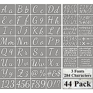 Large Letter Stencils for Painting on Wood - 44 Pack Alphabet Letter Number Stencil Templates with Signs, Reusable Plastic Stencils in 3 Fonts and 284 Designs for Chalkboard Fabric Wood Signs