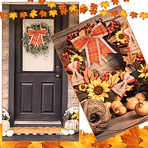 2 Rolls 10 Yards Fall Plaid Wired Edge Ribbons Thanksgiving Orange Buffalo Plaid Ribbon Burlap Fabric Ribbon Natural Wrapping Red Orange Edge Ribbon for Wedding Decor Autumn Crafts, 2.5 Inch