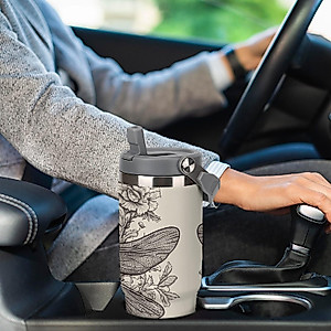 30oz Stainless Steel Insulated Tumbler with Flip Lid & Straw, Leakproof Travel Mug for Car, Hand Drawn Floral Dragonfly Double Wall Vacuum Thermal Coffee Cup with Handle, Spill-Proof Design for Hot/Co