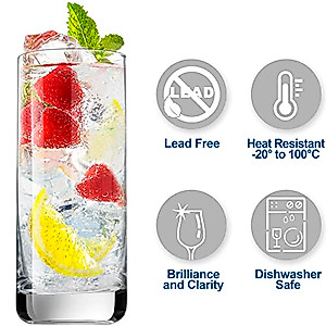 Highball Drinking Glasses Set of 4, Lead-Free Water Glasses. 13oz Tall Drink Glasses for Tom Collins, Mojito, Mixed Drink. kitchen and bar Cocktail Glass Cups Set-, Clear Glassware Sets