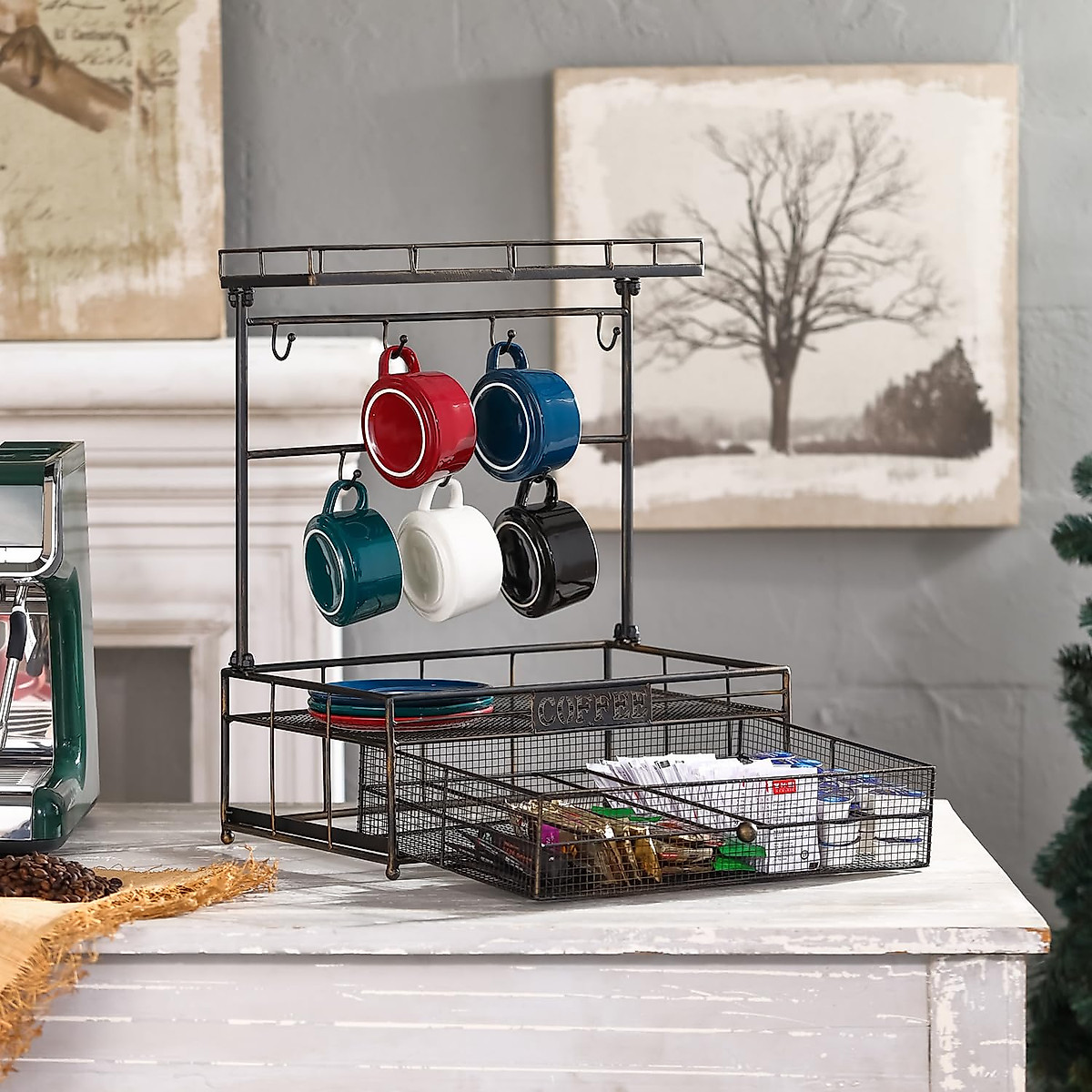 Aifeorzo Coffee Mug Holder, 2 Tier Industrial Countertop Mug Display Rack, 7 Mugs Coffee Cup Stand with Coffee Pod Drawer, Large Metal Cup Tree Holder Stand for Coffee Bar Kitchen, Black