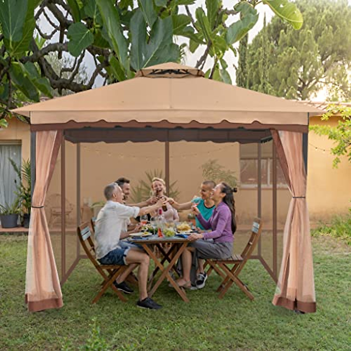 FAB BASED 10x13 Patio Gazebo with Mosquito Netting and Sand Bag - Aluminum Pole & Polyester Top, Fireproof Enclosure & Waterproof Screen Tent, Garden Pavilion for Patio, Backyard, Lawn (Khaki)