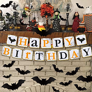 Halloween Birthday Party Decorations, Orange Black Latex Balloons Happy Birthday Banner 32pcs Black Vampire Bats for Kids Halloween Theme Birthday Party Supplies Kit