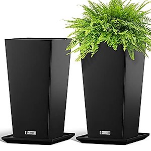 Elevens Tall Planters 30 Inch Tapered Square Planters Garden Flower Pots,Large Planter for Patio,Indoor/Outdoor Planter with Tray Black-2 Pack