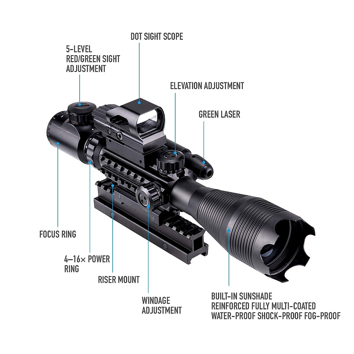 Pinty 4-16X50 Illuminated Optics Sight, Green Laser, Reflex Sight, 1 inch High Riser Mount & Laser Boresighter, Red Dot Laser Bore Sight Pistol Carbine Rifle Self Defense Hunting