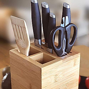 NEOKAVE Small Knife Block Holder- Bamboo Knife Utensil holder - Compact Knife Storage Organizer - Scissors, Utensil, Cleaver, Knife holder without knives for Kitchen Counter - for max 7" Blades