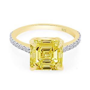 Jewel Zone US Asscher Cut Canary Yellow White Cubic Zirconia Ring in 14k Yellow Gold Over Sterling Silver